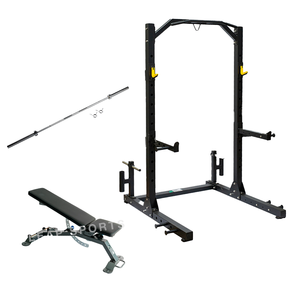 Leap Sports Squat Rack - Adjustable Bench - 7' Barbell Combo - Fitness ...